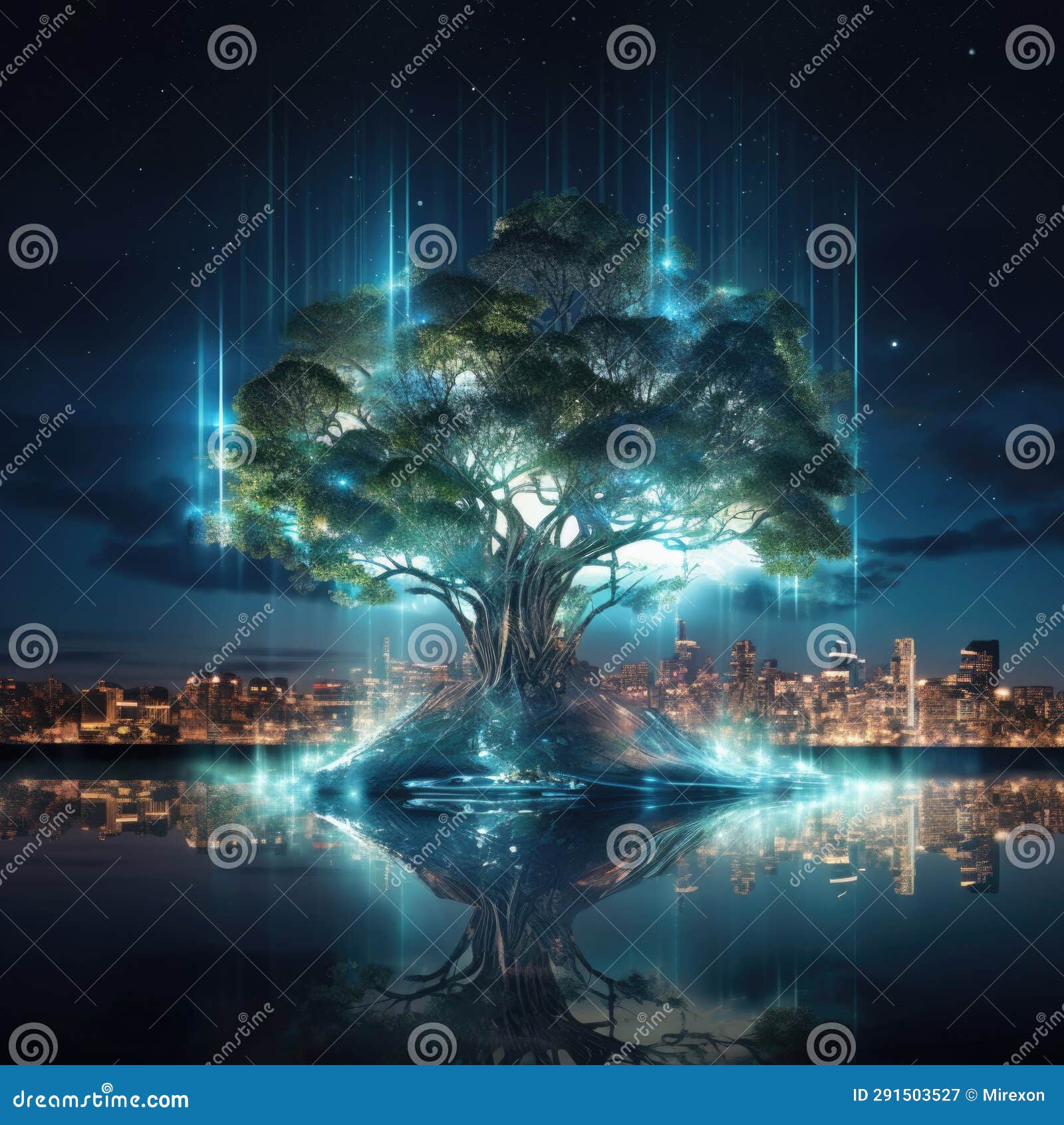 Network Connection Technology or Big Data Concept, Blue Cyber Tree with ...