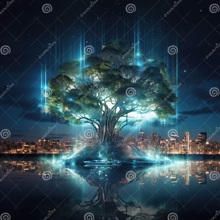 Network Connection Technology or Big Data Concept, Blue Cyber Tree with ...