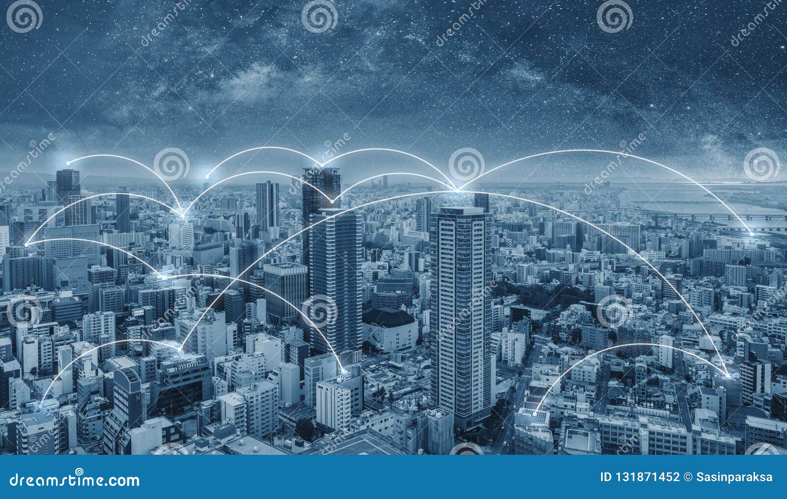 Network Connection Technology in the City, Blue Cityspace with ...