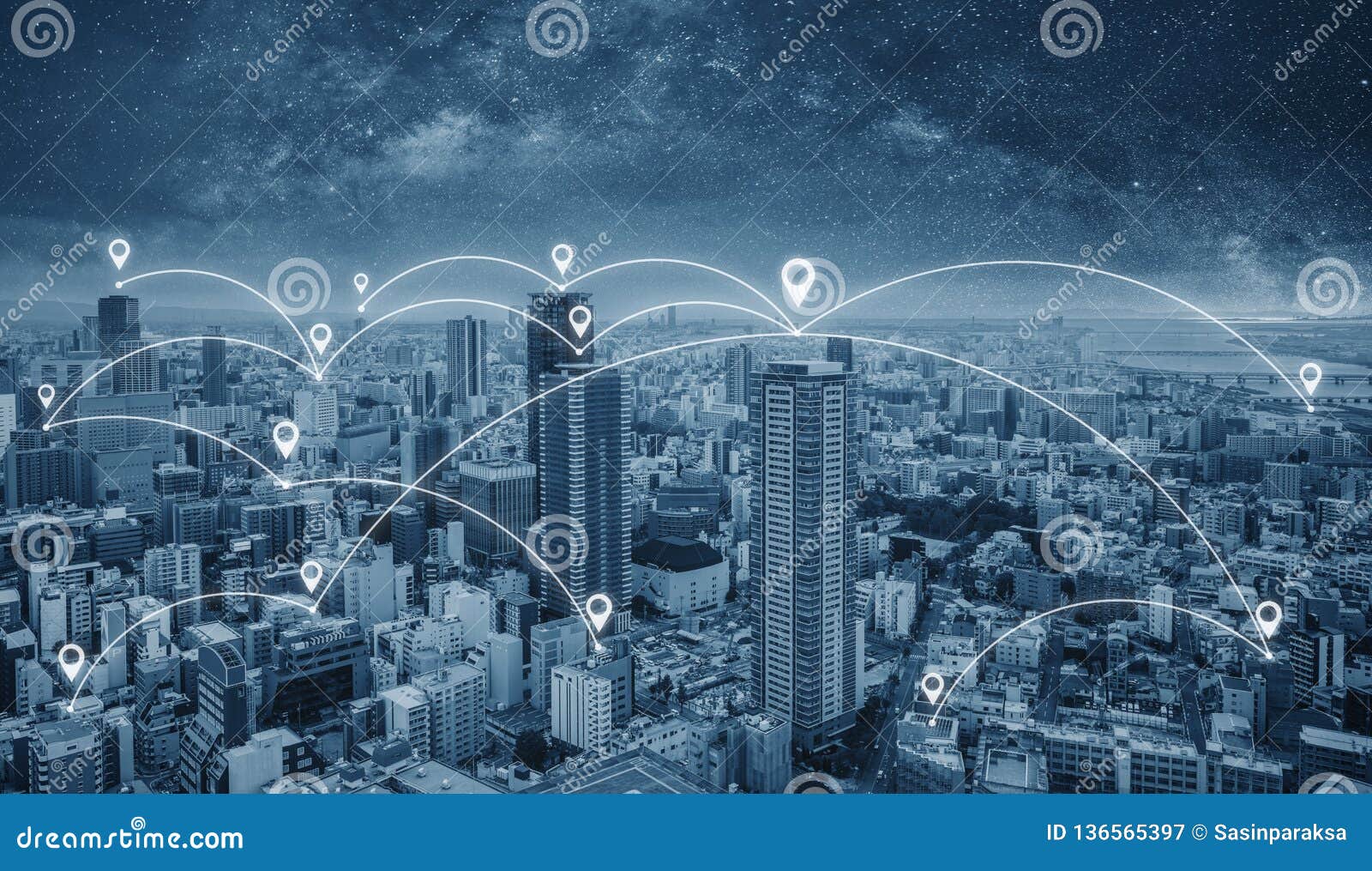 Network Connection Technology in the City, Blue Cityspace with Network ...