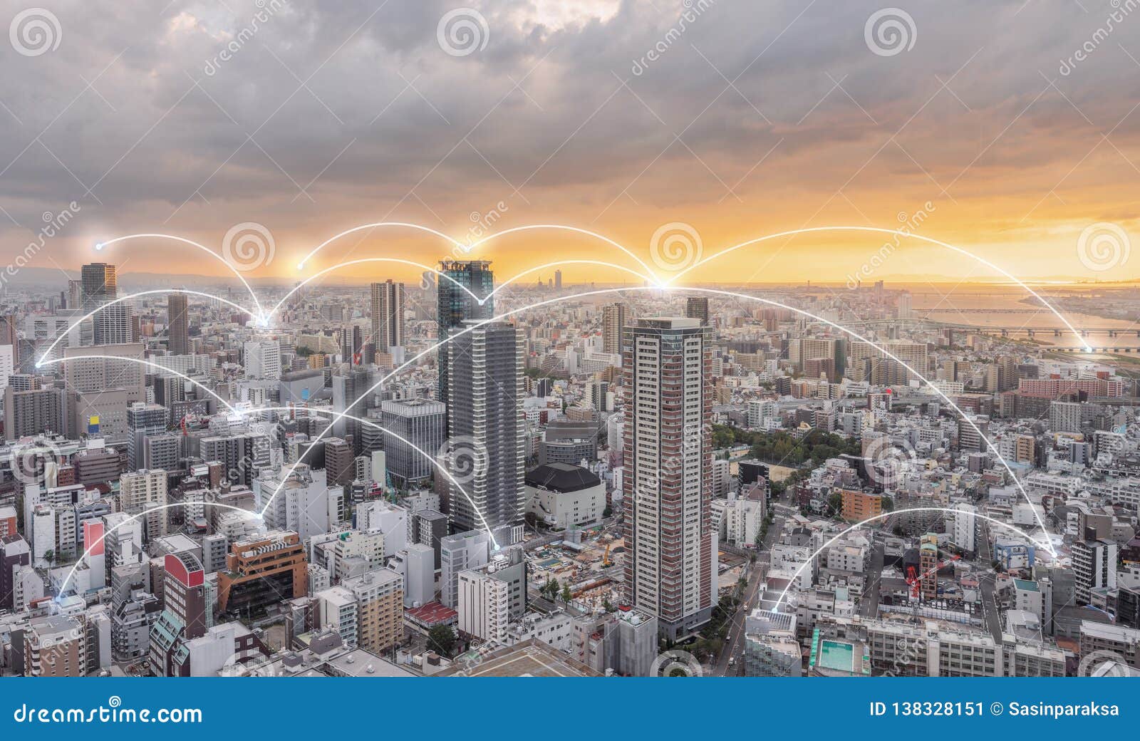 Network Connection Technology in the City, Osaka City in Sunset Stock ...