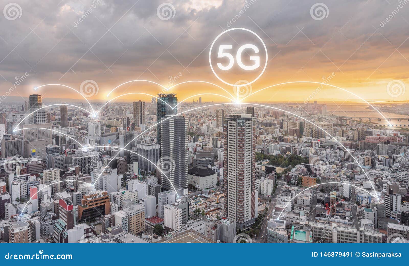 Network Connection Technology in the City Sunset, with 5g Internet ...