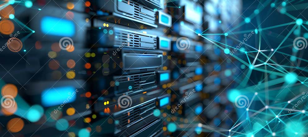 Network Connections Glowing in Data Center with Multiple Server Racks ...