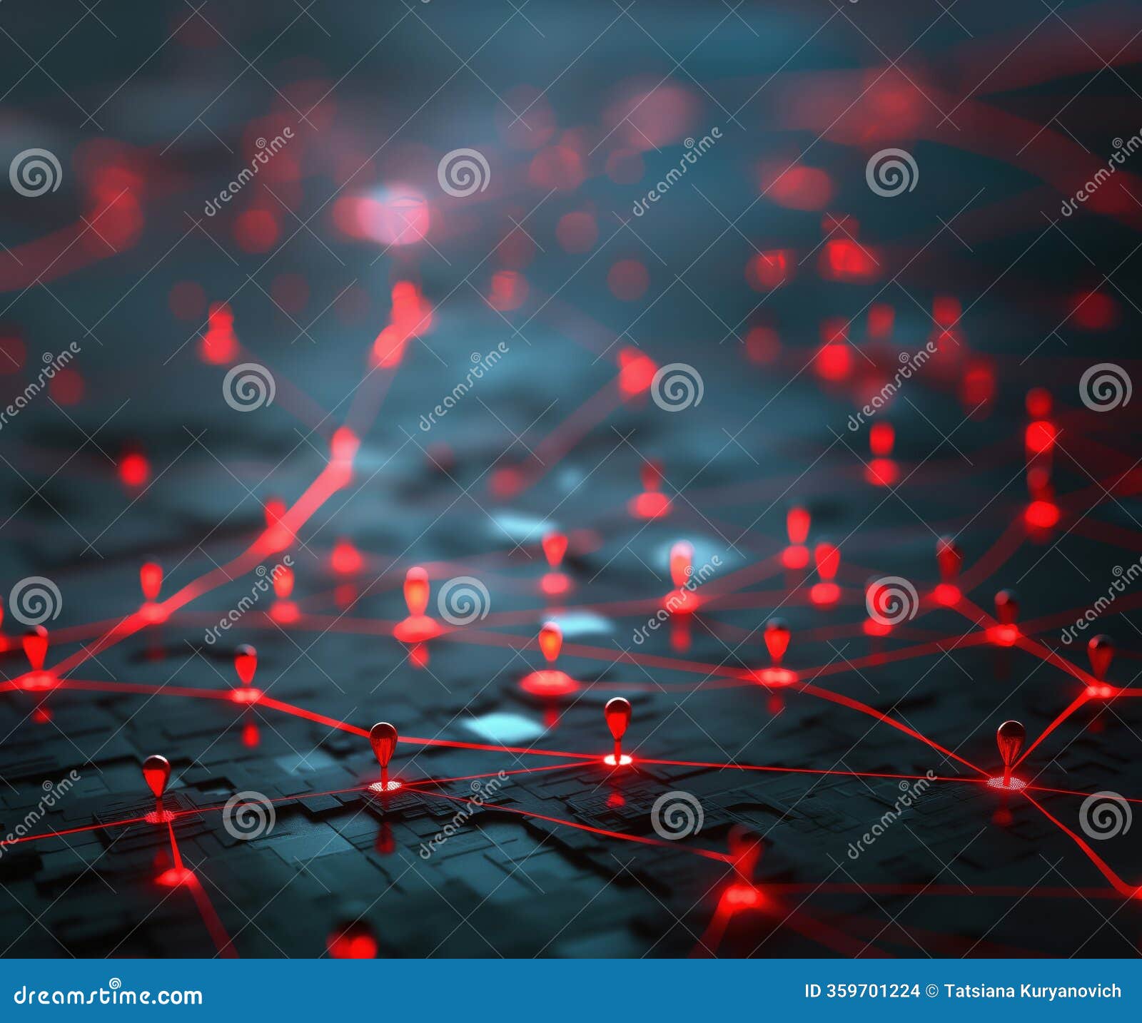 Network Connections Visualized with Glowing Red Markers and Lines ...