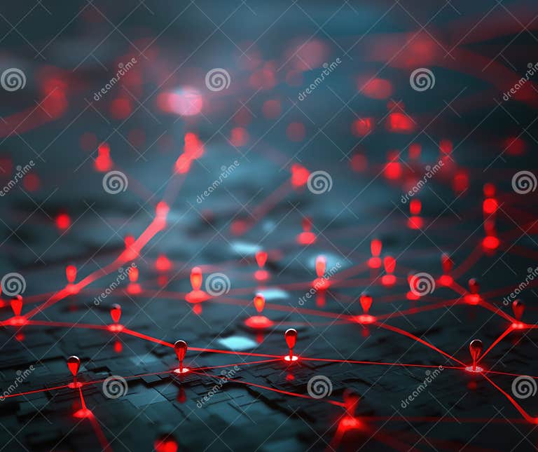 Network Connections Visualized with Glowing Red Markers and Lines ...