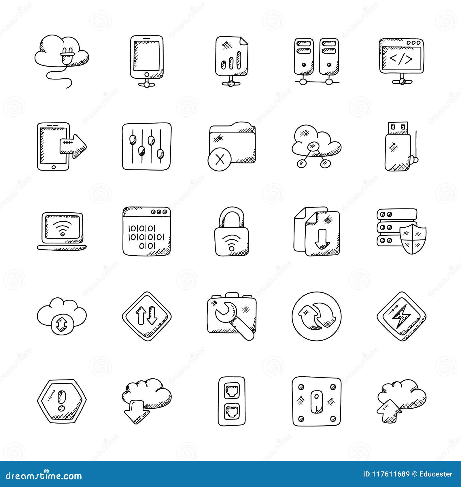 Network and Communication Doodle Icons Set Stock Illustration ...