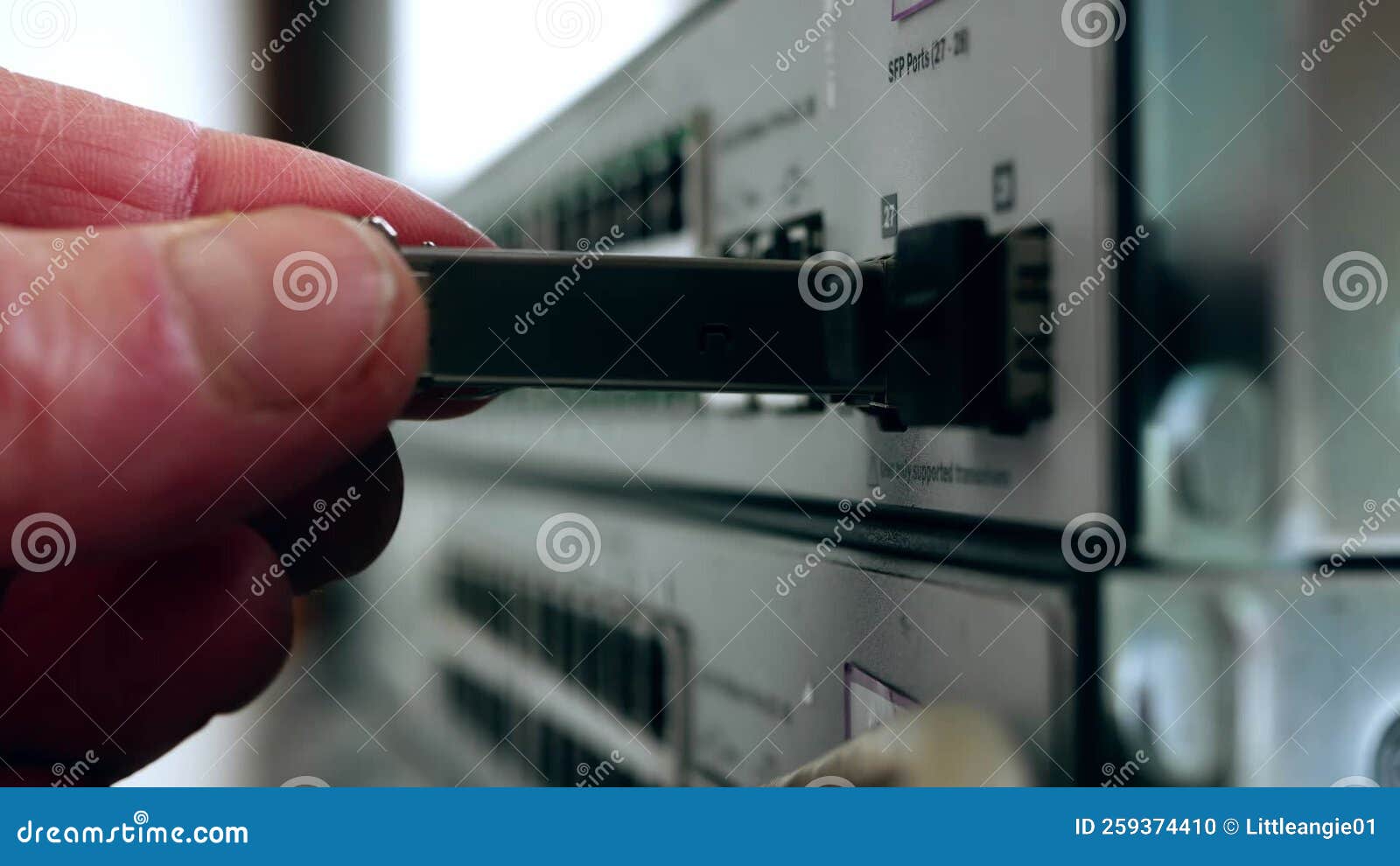 Network Engineer Connects Fiber Transceiver Connection on Computer ...