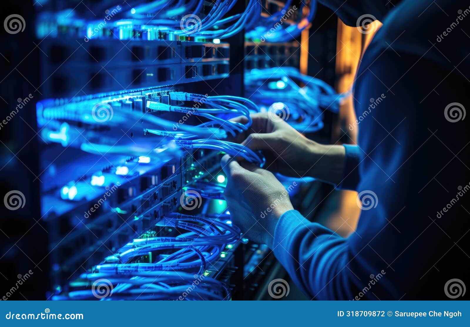 A Network Engineer Hands Clipping A Blue Ethernet Cable Stock Photo ...