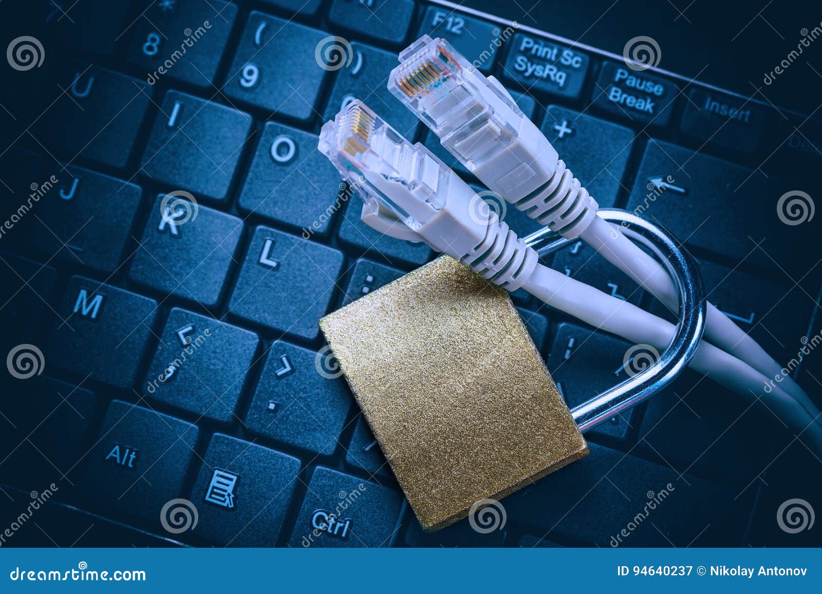 Network Ethernet Cables in Padlock on Black Computer Keyboard. Internet ...