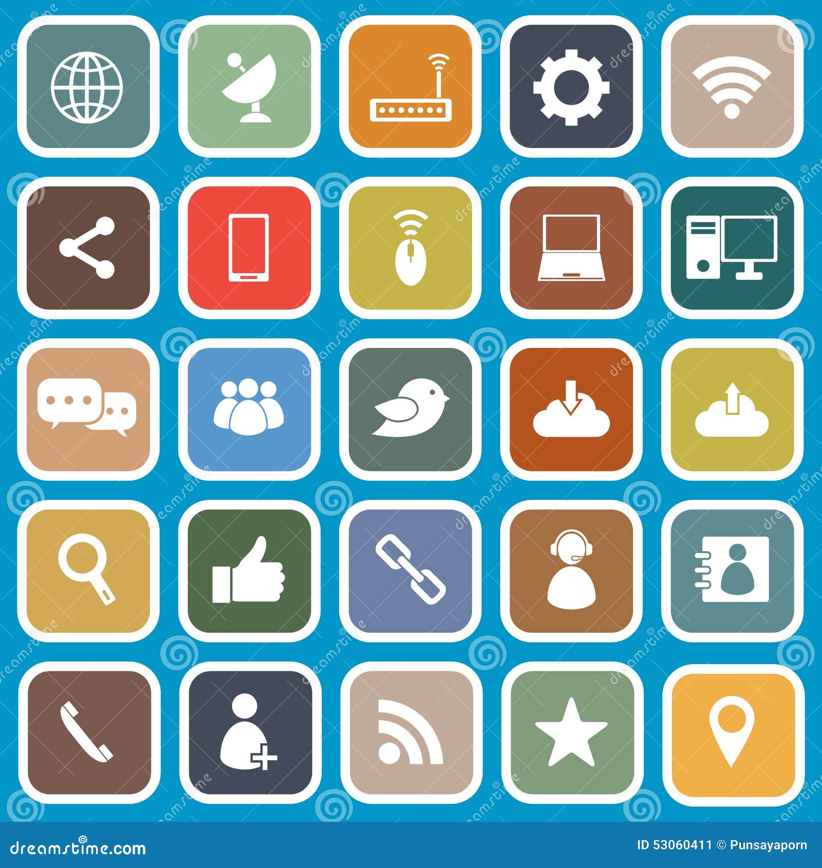 Network Flat Icons on Blue Background Stock Vector - Illustration of ...