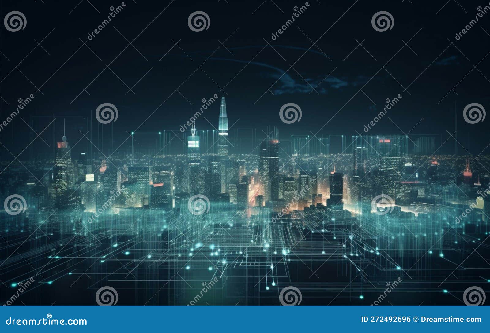 Network Flow on Night Megapolis City, Internet of Things, High Speed ...