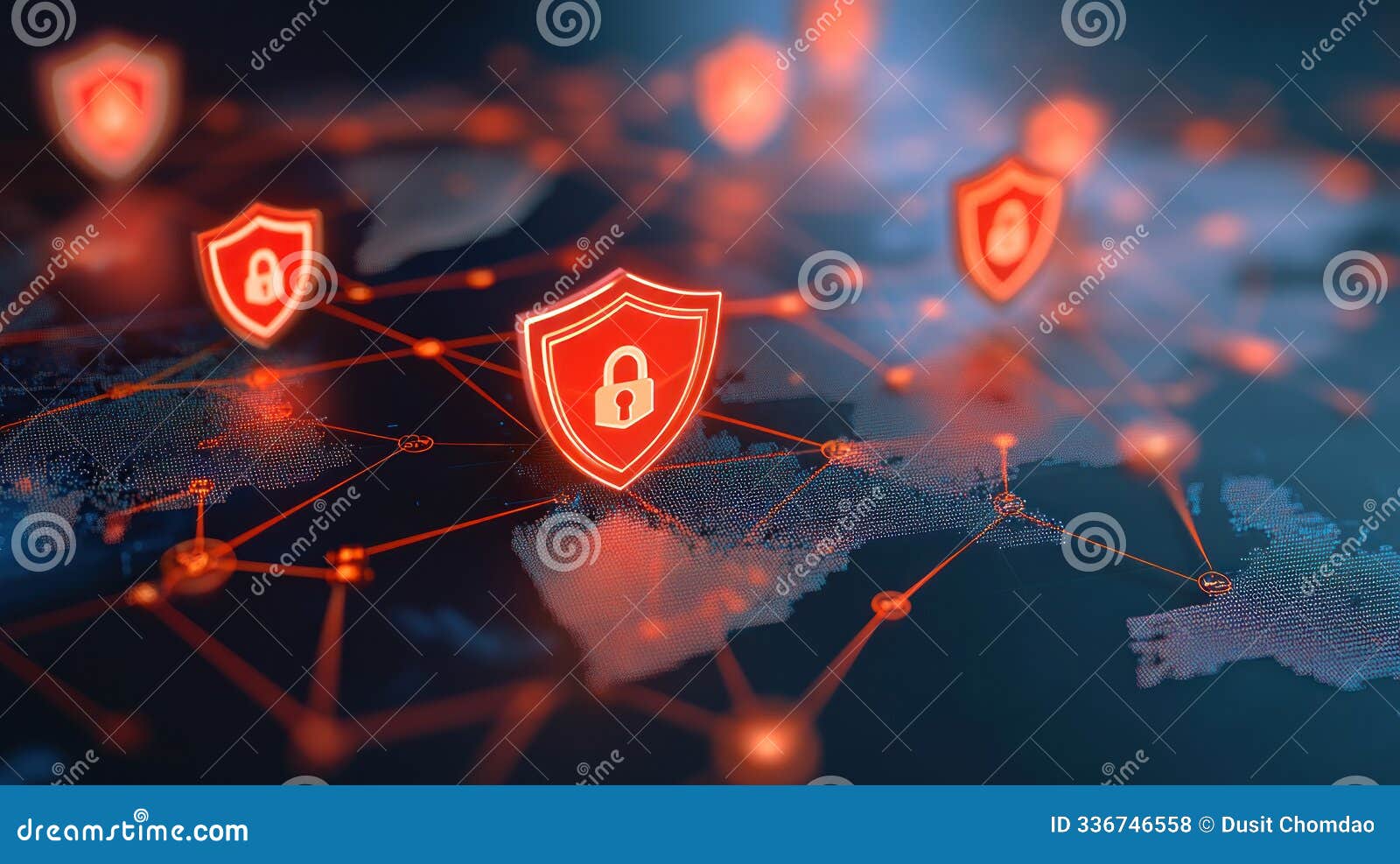 A Network of Glowing Security Shields Connected Across Digital Map ...