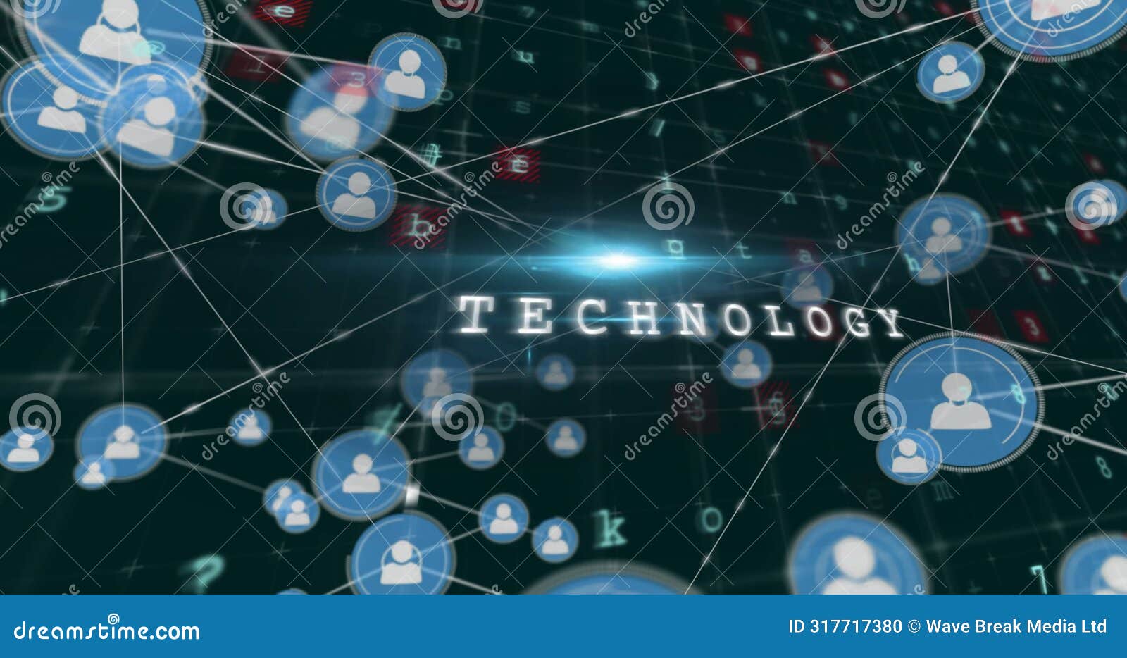 Network Icons Connecting Around Word TECHNOLOGY Glowing in Center Stock ...