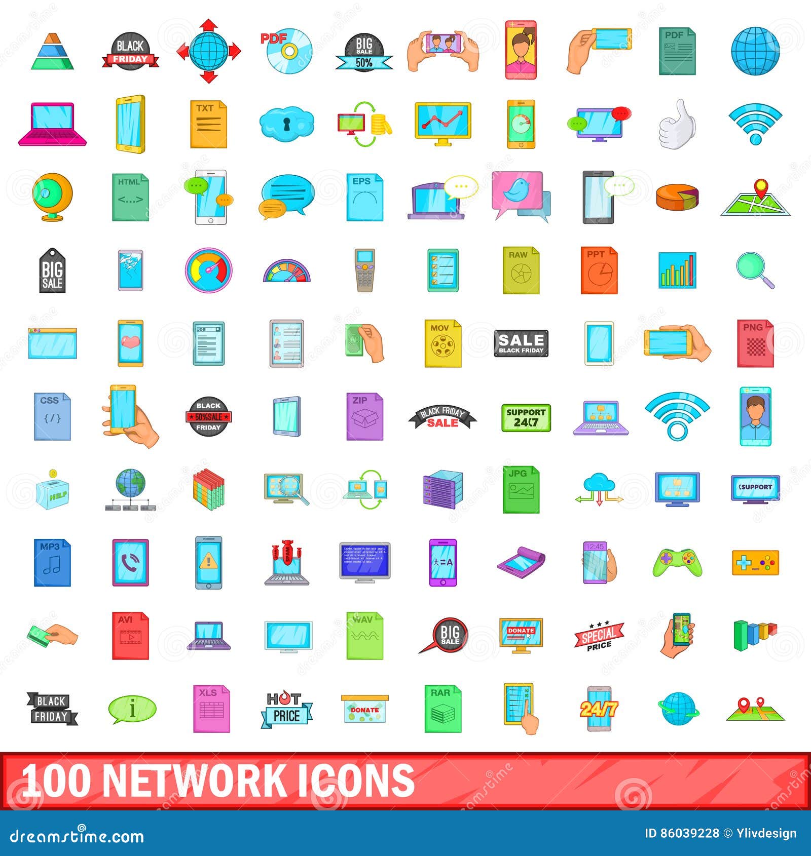 100 Network Icons Set, Cartoon Style Stock Vector - Illustration of ...