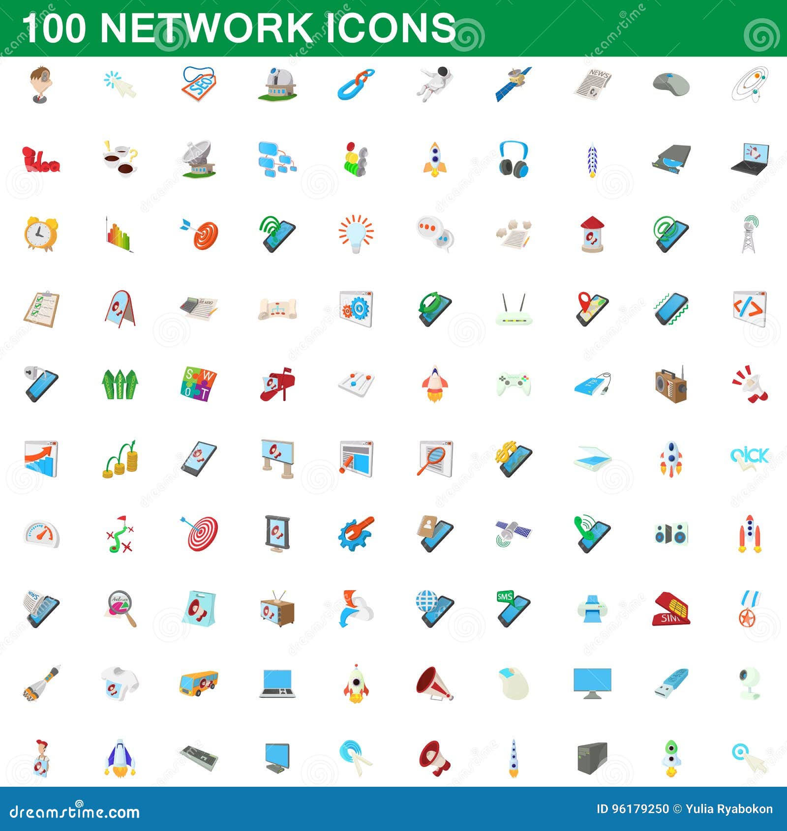 100 Network Icons Set, Cartoon Style Stock Vector - Illustration of ...