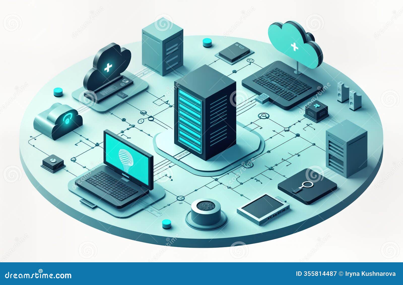 Network Illustration Shows Client Computer Connected To Server Computers. Modern Tech Graphic ...
