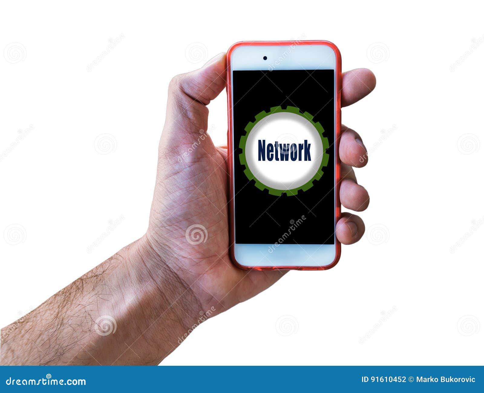 Network Marketing Concept Hand Holding Mobile Isolated on White Stock ...