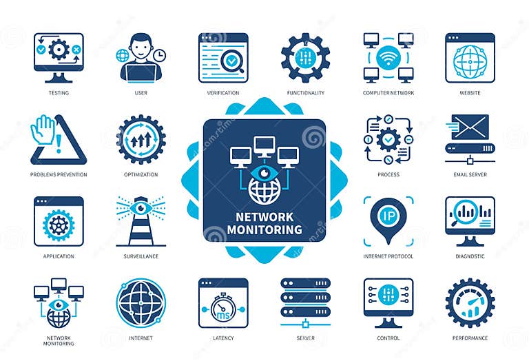 Network Monitoring Solid Icon Set Stock Illustration - Illustration of ...