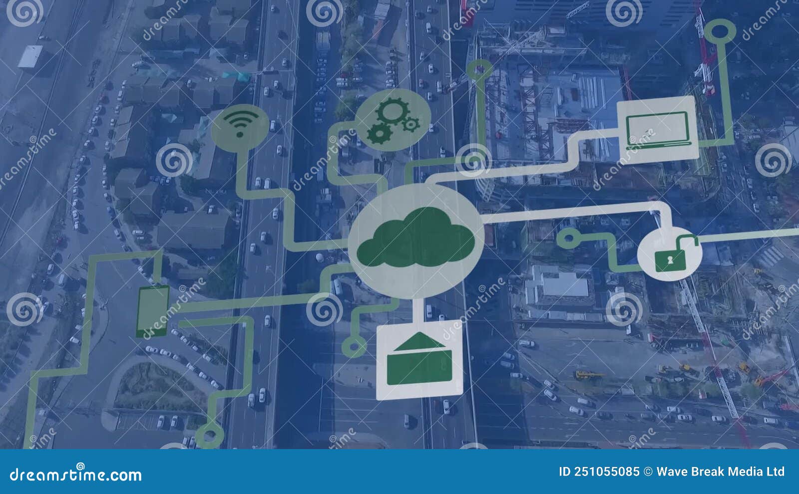 Network of Multiple Digital Icons Against Aerial View of Cityscape ...