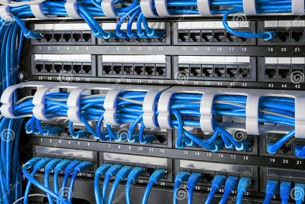 Network Panel, Switch and Internet Cable in Data Center. Black Switch ...