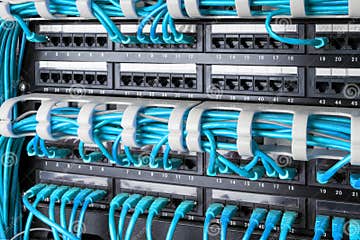 Network Panel, Switch and Internet Cable in Data Center. Black Switch ...