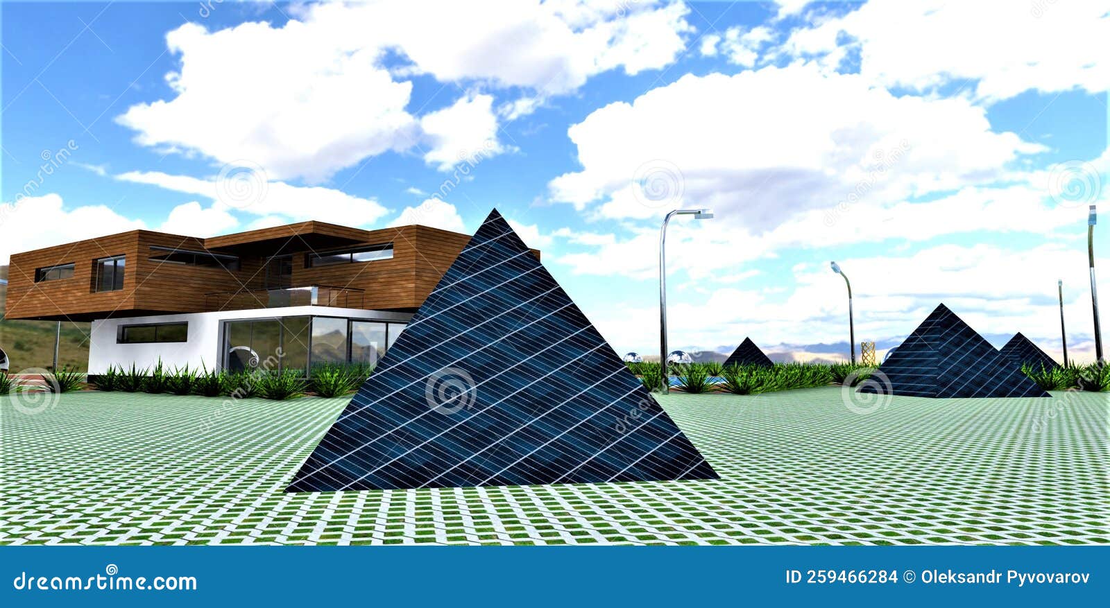 A Network Of Pyramids Covered With Solar Cells. Batteries, Controllers ...