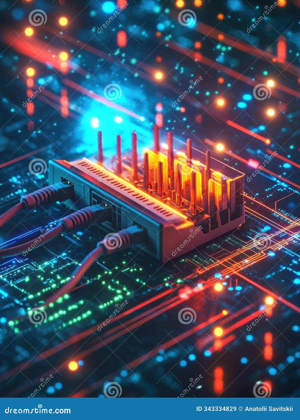 A Network Router is Illuminated by Glowing Lines and Cables ...