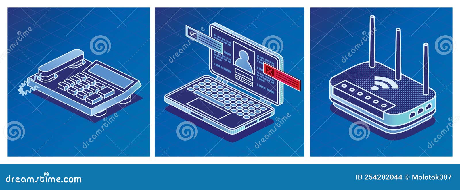 Network Router, Landline Phone and Modern Isometric Laptop Computer ...