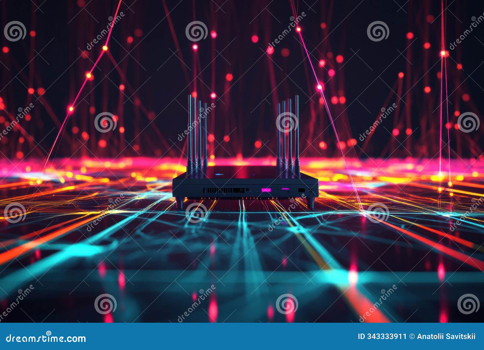 A Network Router Sits at the Center, Illuminated by Bright, Abstract ...