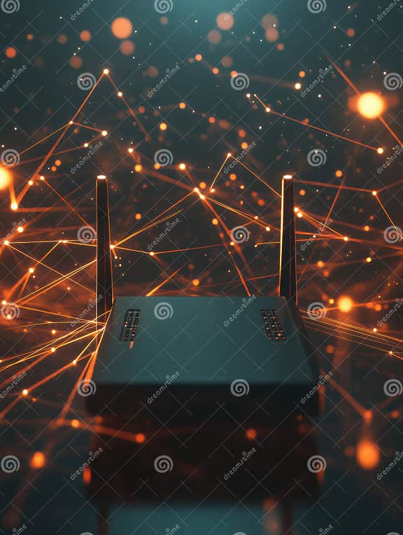 A Network Router Sits at the Center, Surrounded by Abstract Glowing ...