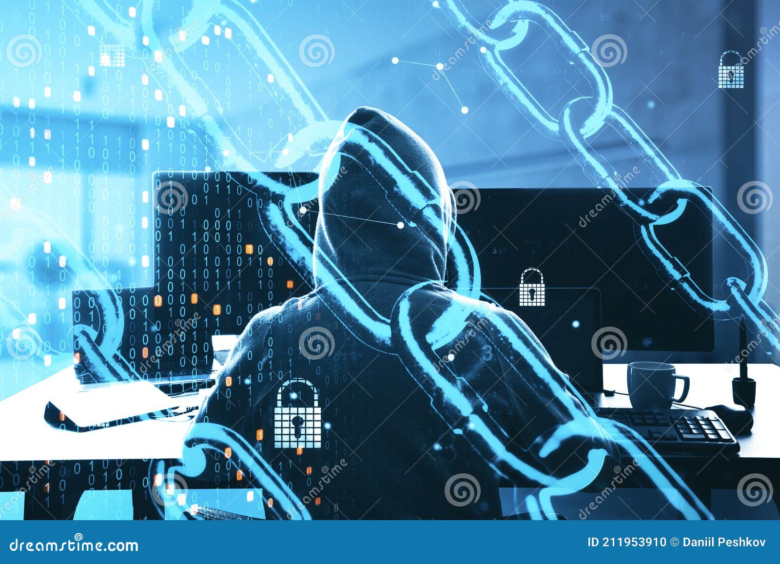 Network Security and Blockchain Technology Concept with Hacker Back Using Computer and Laptop ...