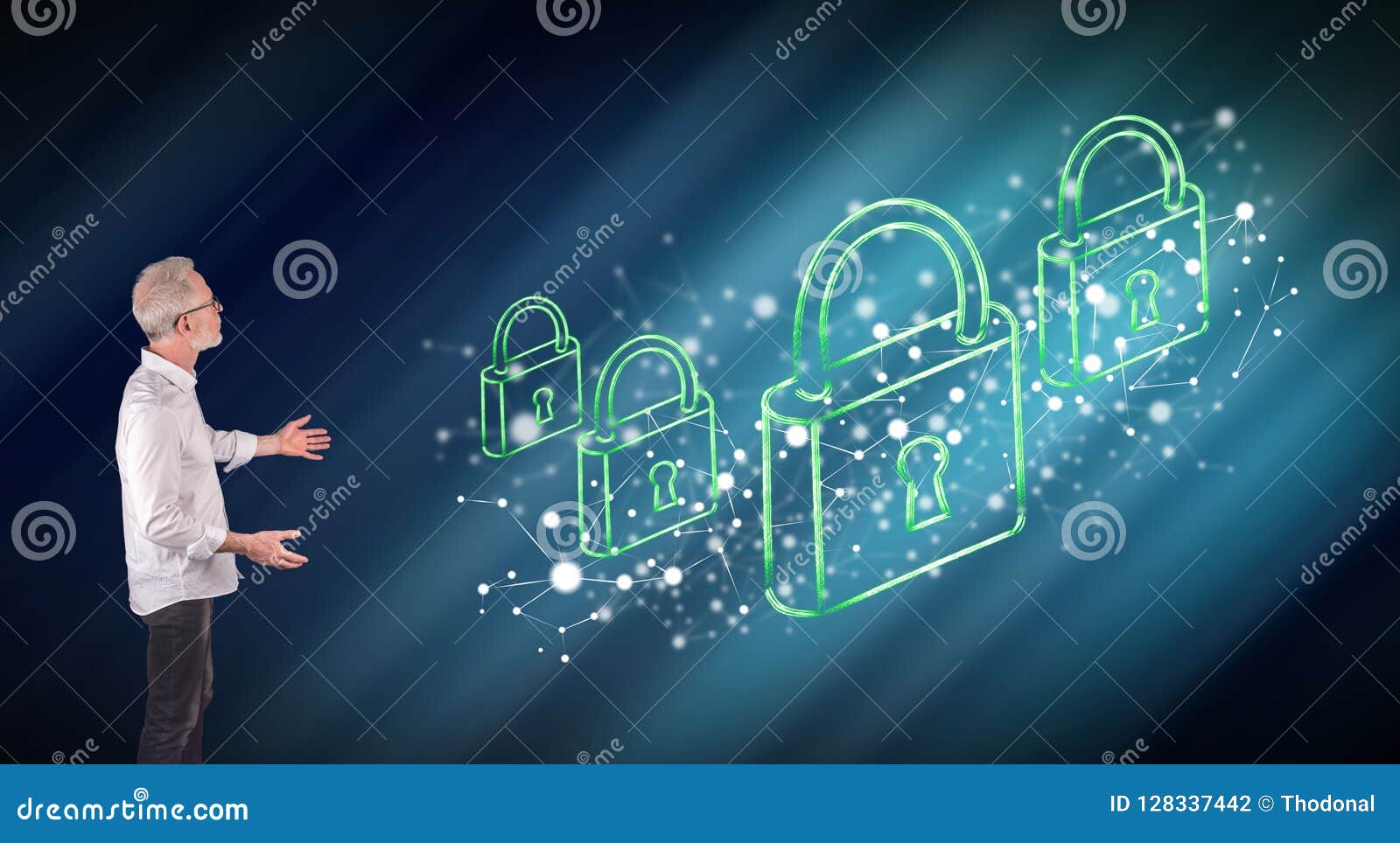 A Network Security Concept Explained by a Businessman on a Wall Screen ...