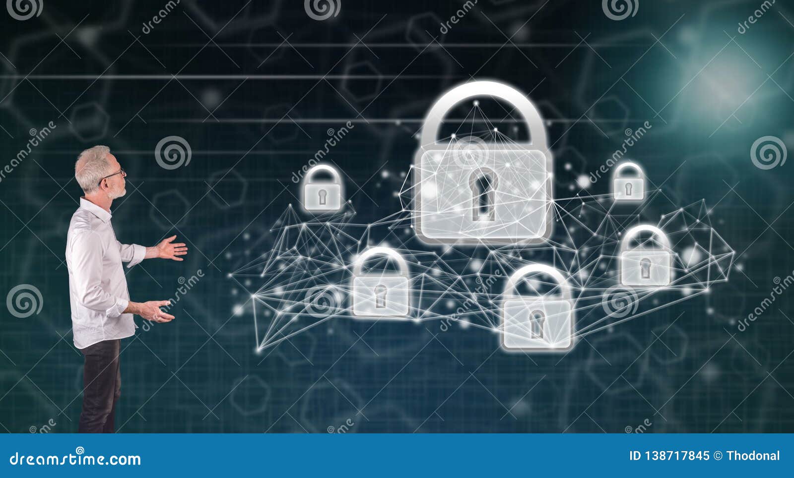 A Network Security Concept Explained by a Businessman on a Wall Screen ...