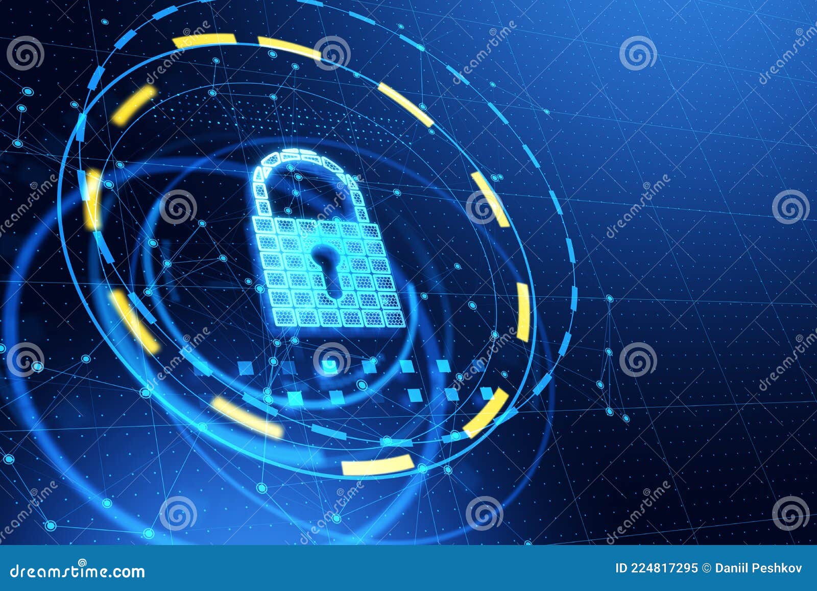 Network Security Concept with Glowing Lock Sign in Yellow and Blue ...