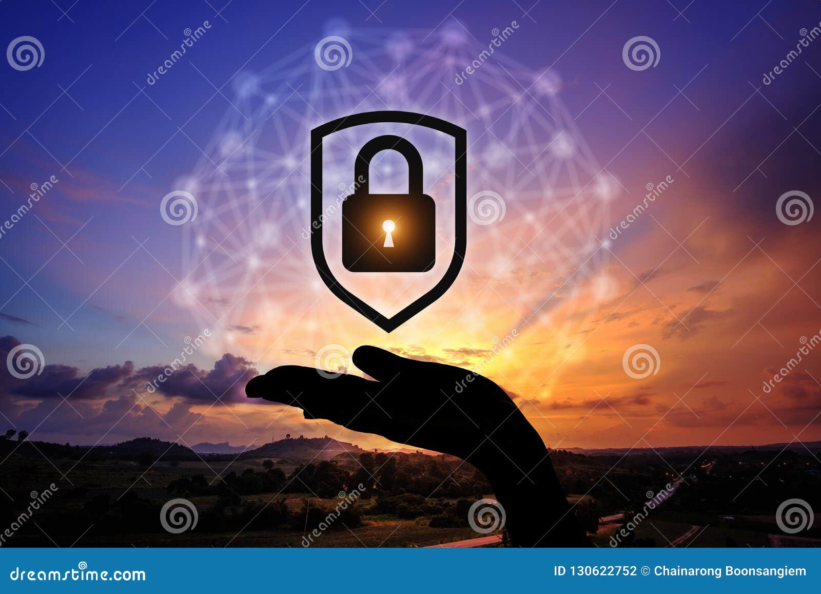 Network Security Icon with Graphic Diagram on Beautiful Sunset B Stock ...