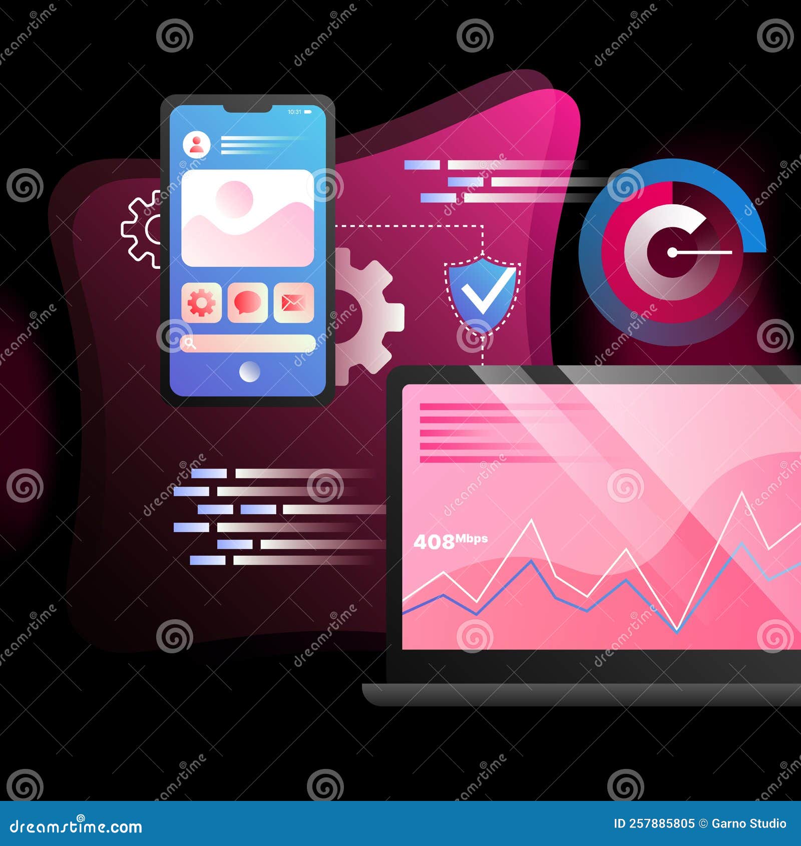 Network Security Illustration. Pink Detailed Elements, VPN, Laptop ...