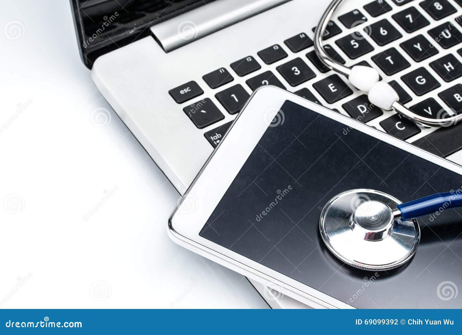 Network Security, Stethoscope and Digital Tablet on Laptop Keyboard ...