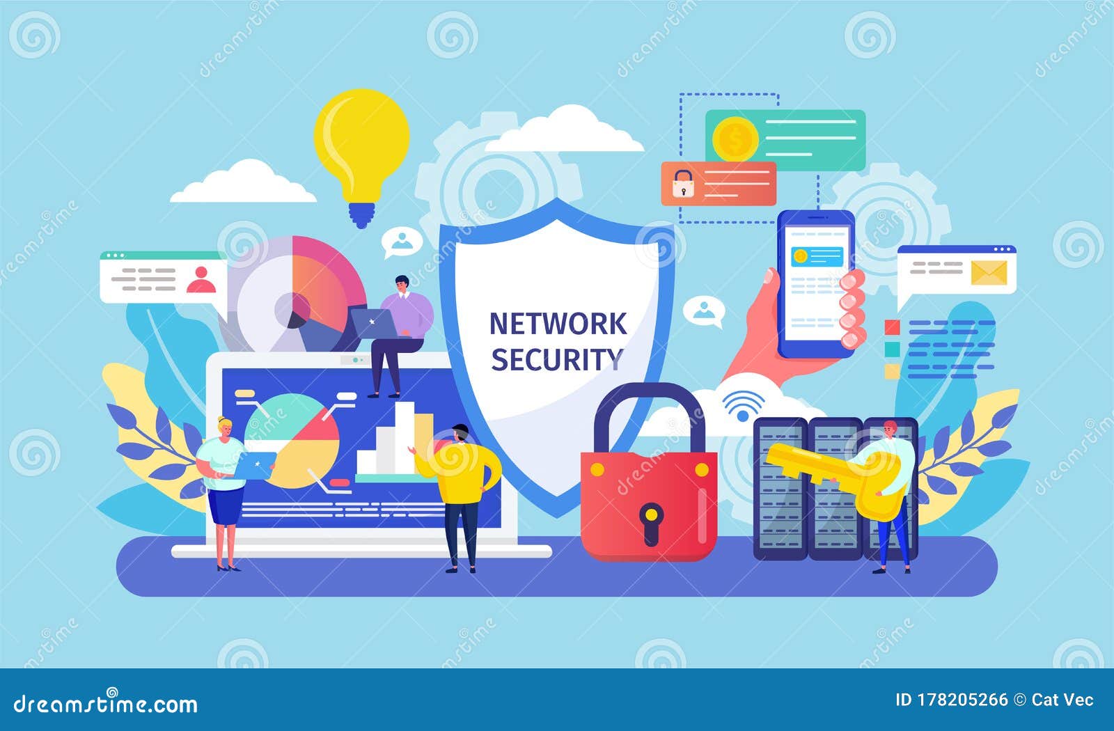 Network Security Vector Illustration, Cartoon Flat Tiny Networked ...