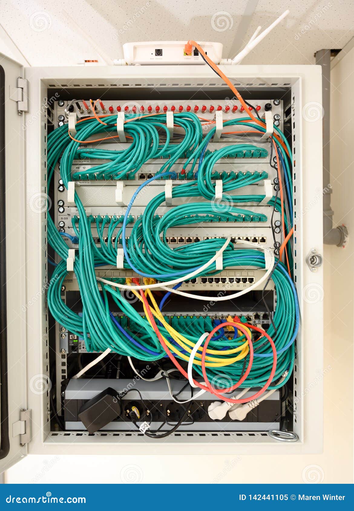 Network Server Cabinet with Racks, Cables, Optical Lines, Ethernet ...