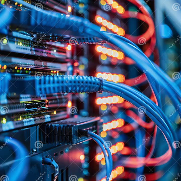 Network Server Rack with Blue Cables and Red Lights Stock Illustration ...