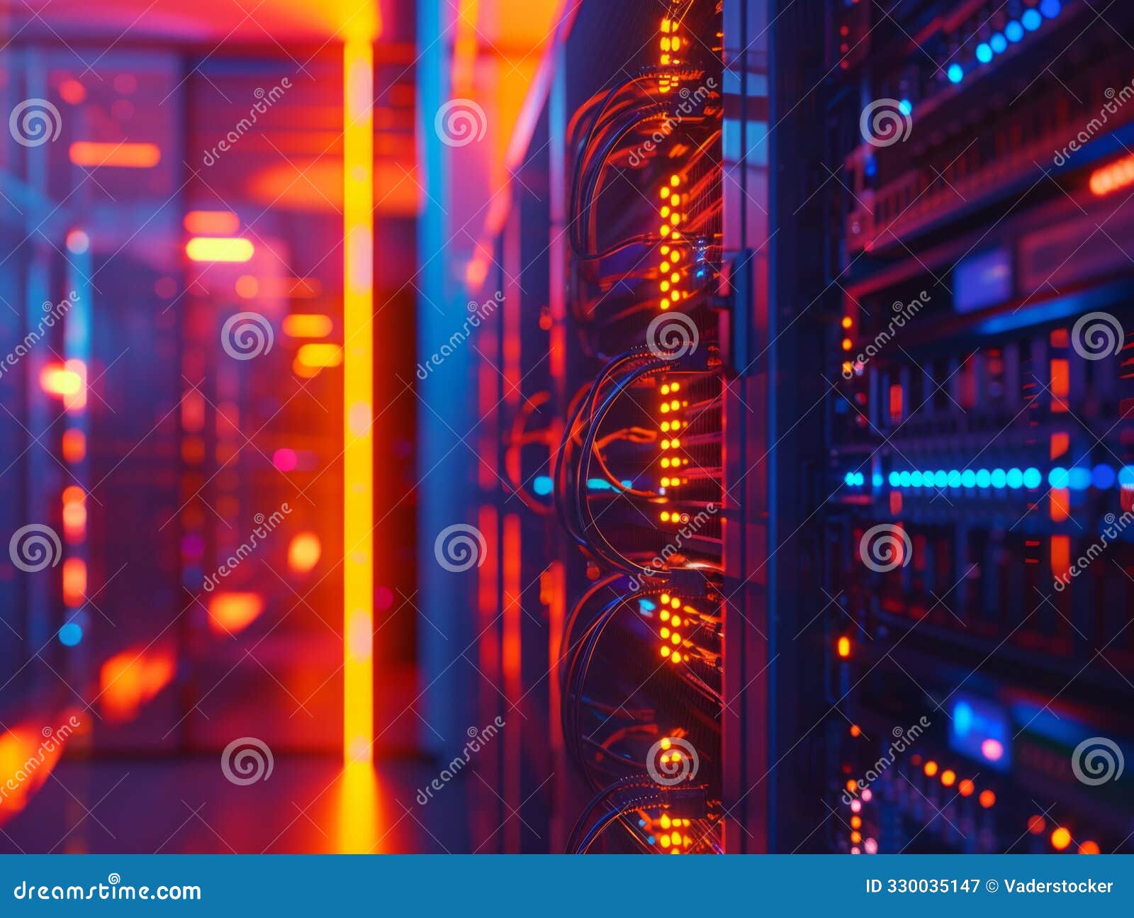 Network Server Rack with Red and Blue Lights in a Data Center Stock ...