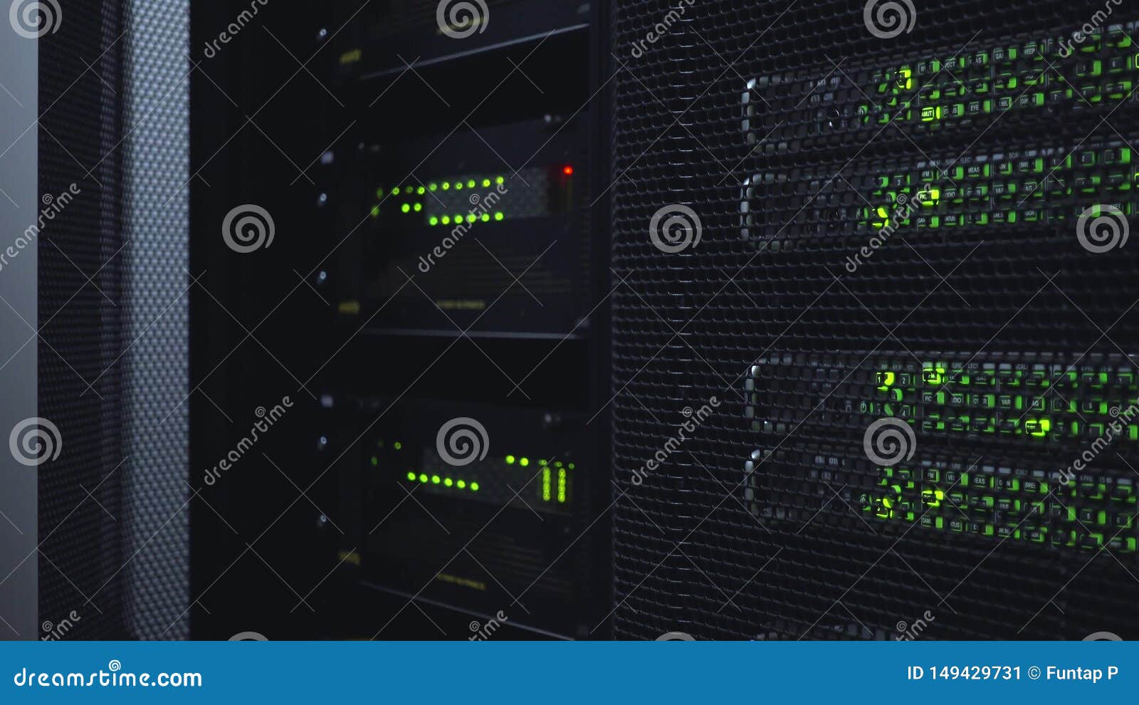 Network Server Room with Racks in Data Center. Blink Led Lamp. Dark ...