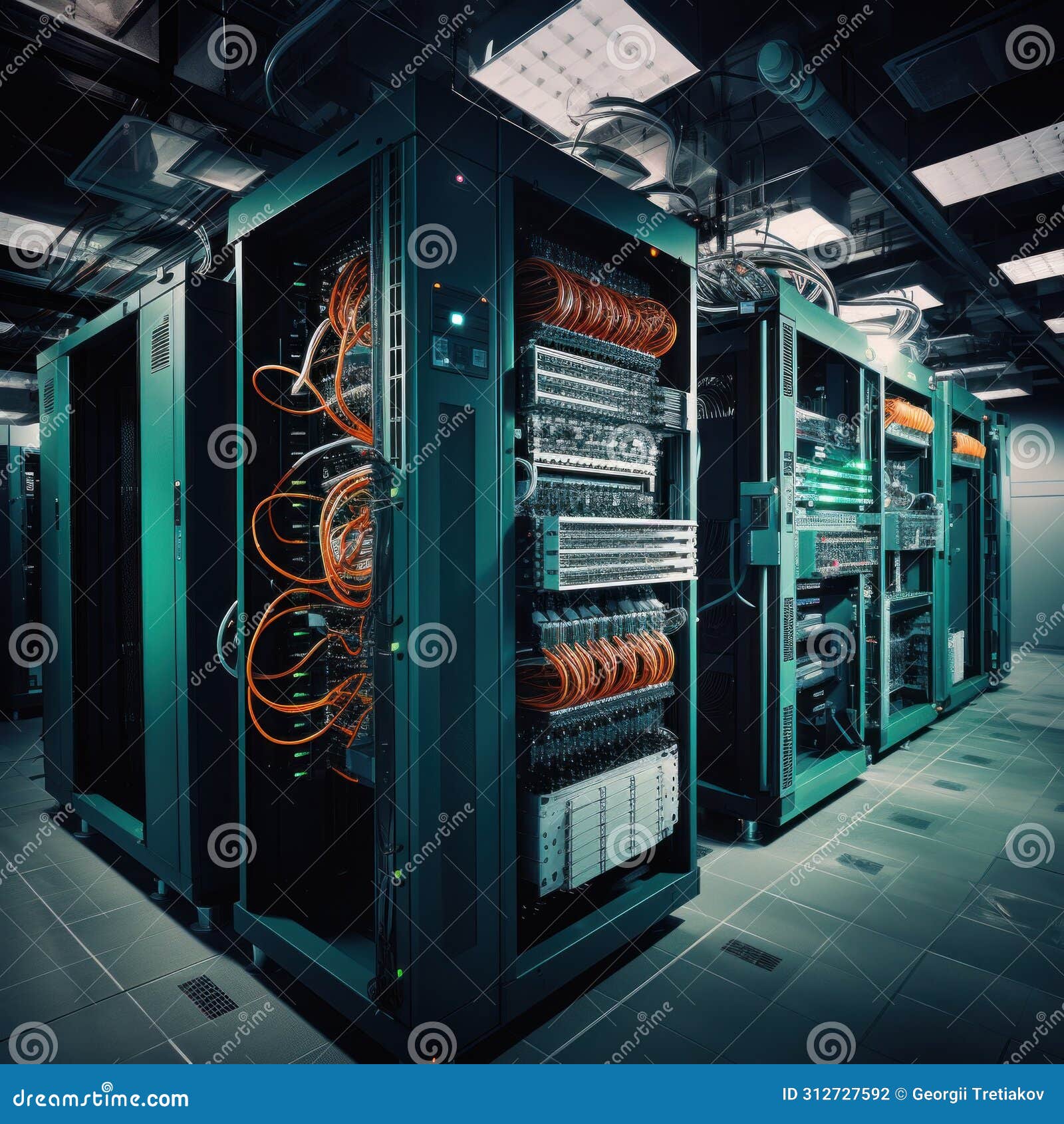 Network Server Room with Rows of Modern Equipment Stock Illustration ...