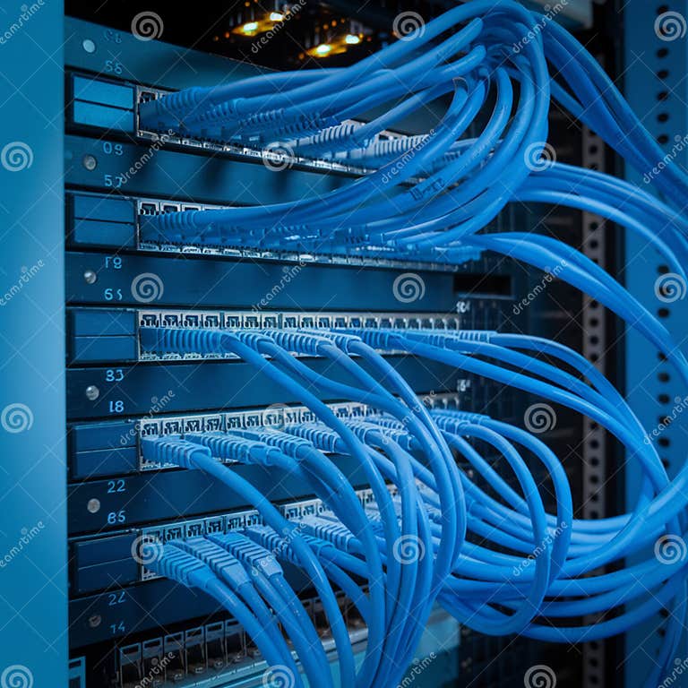 Network Setup with Organized Blue Cables, Rack Mounted Device, Soft ...