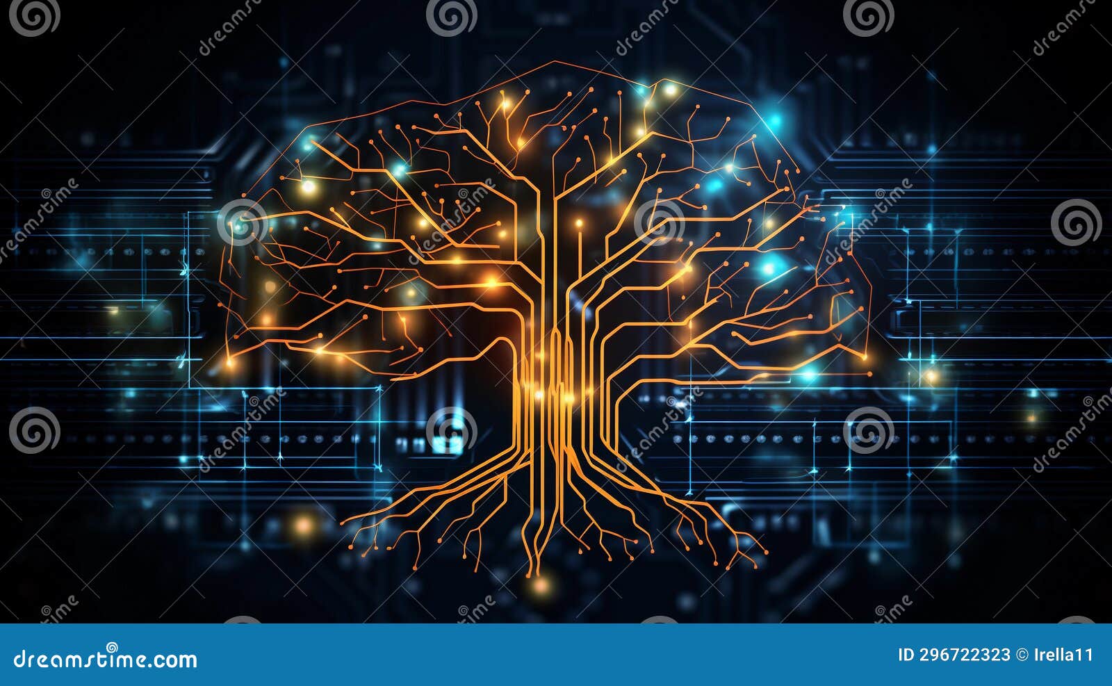 Network Solution Background. Neon Yellow Abstract Tree on Black ...