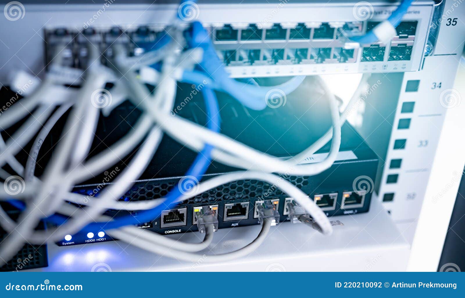 Network Switch and Ethernet Cable in Data Center. Wifi Plug of Internet Router for Computer ...