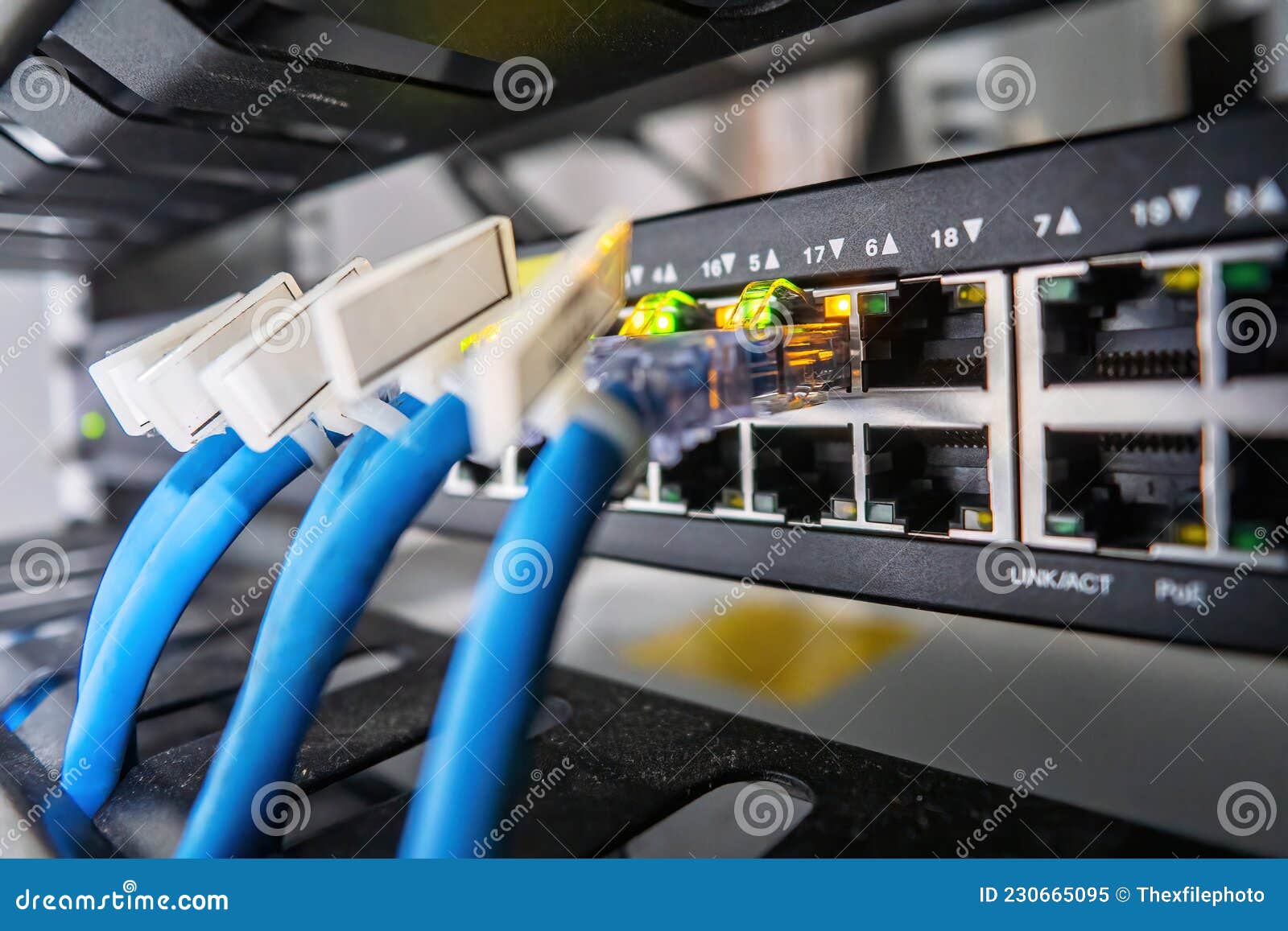 Network Switch and Ethernet Cable in Rack Cabinet. Network Connection ...
