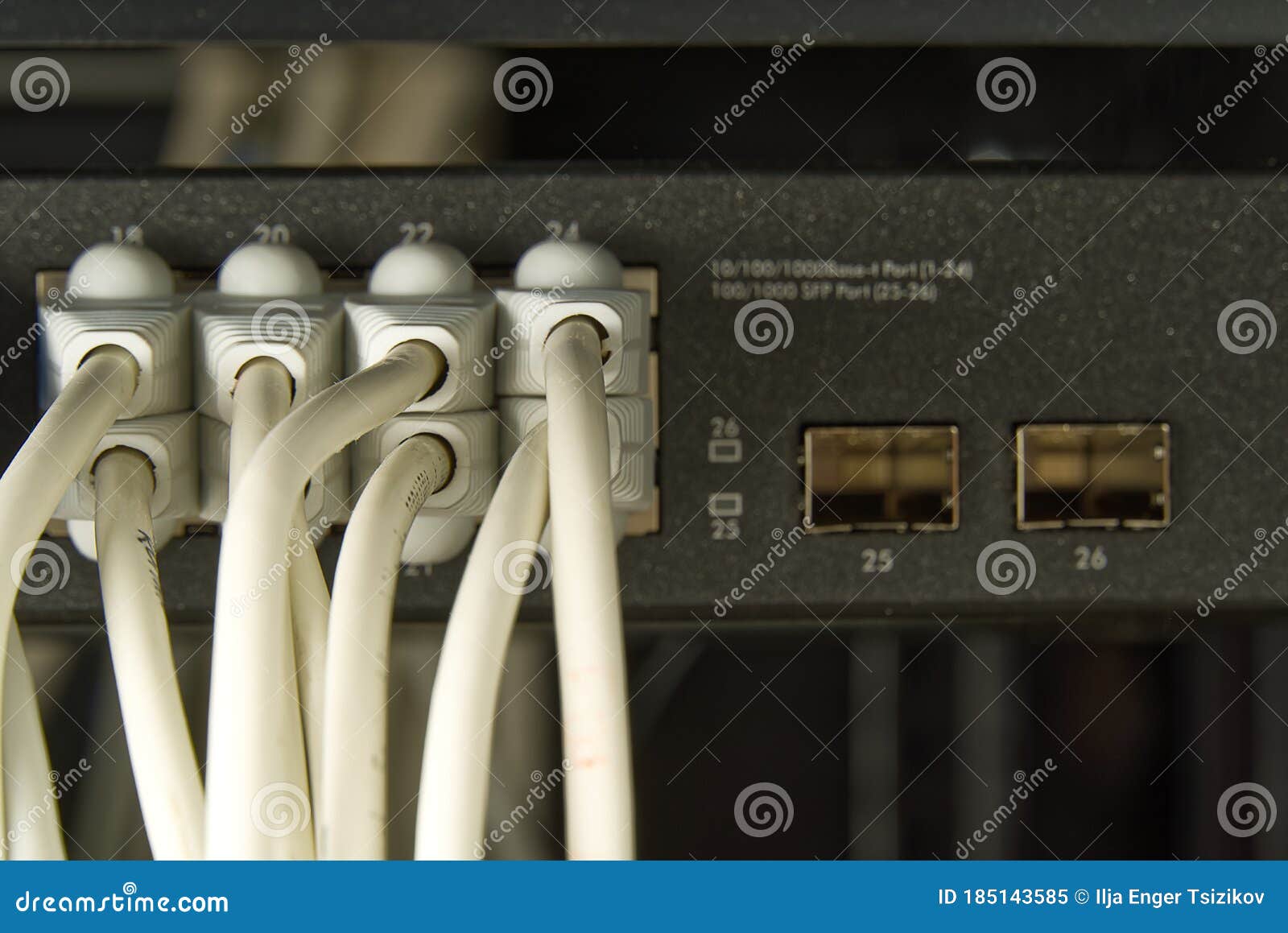 Network Switch And Ethernet Cable In Rack Cabinet. Network Connection ...