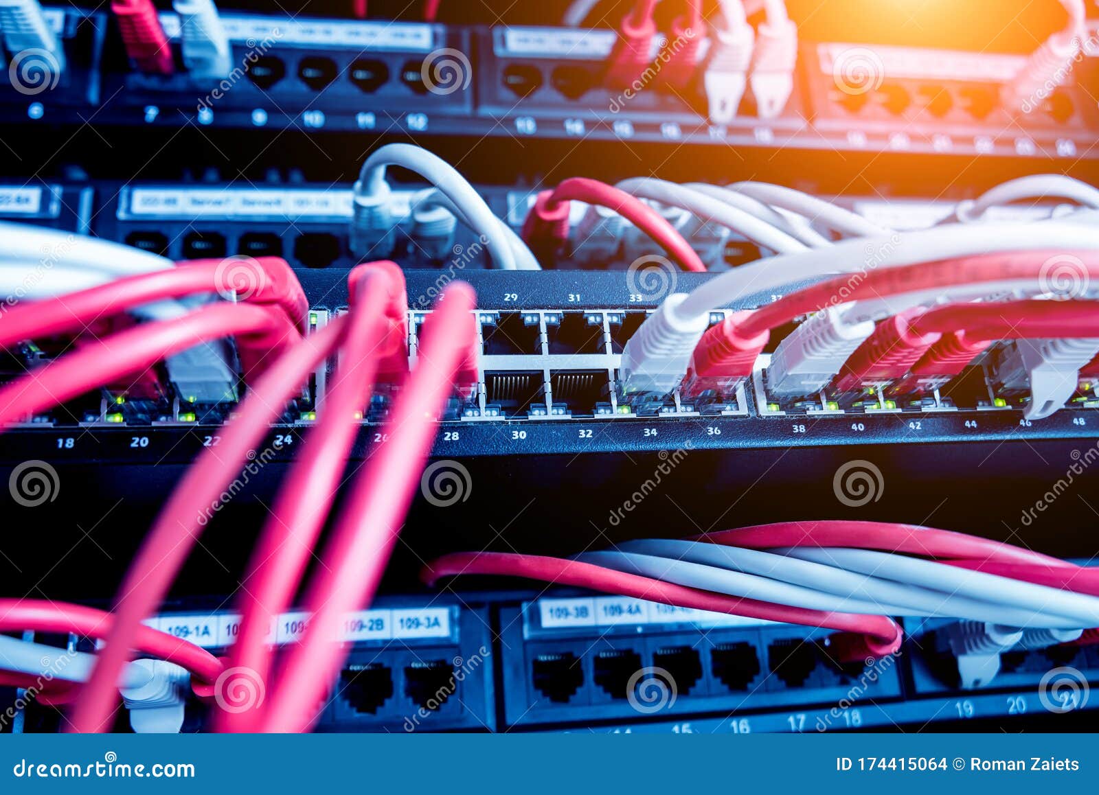 Network Switch and Ethernet Cables in Red and White Colors. Data Center ...