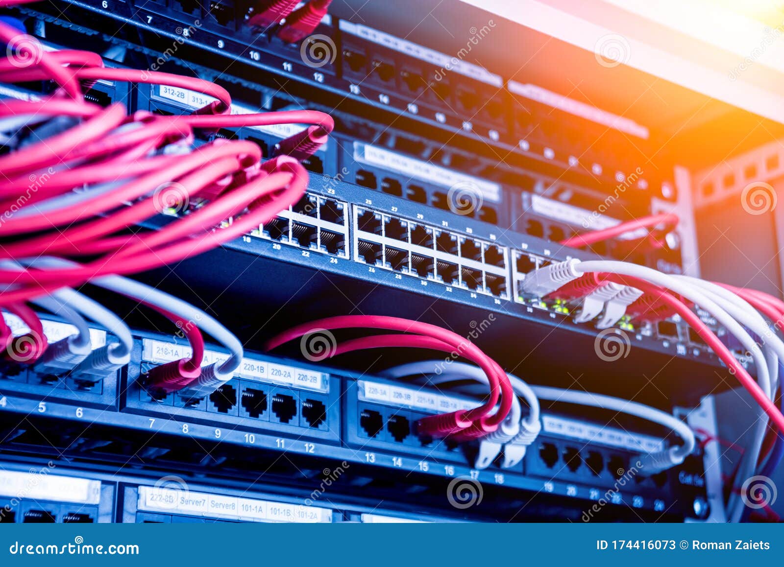 Network Switch and Ethernet Cables in Red and White Colors. Data Center ...